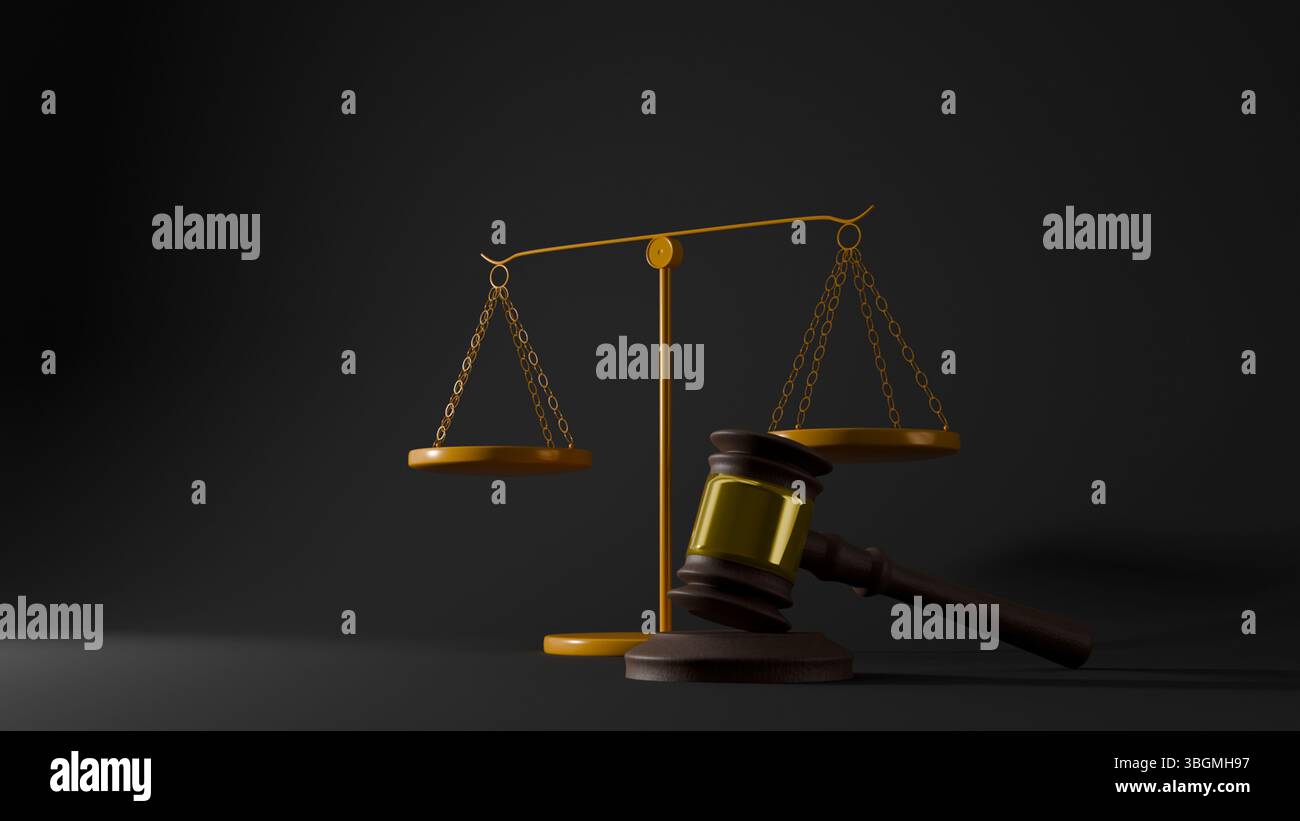 3D illustration of scales of justice and judge's gavel on dark ...