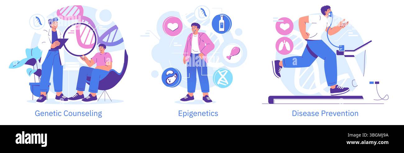 Vector illustration depicts three concepts: genetic counseling with a consultant and patient ...