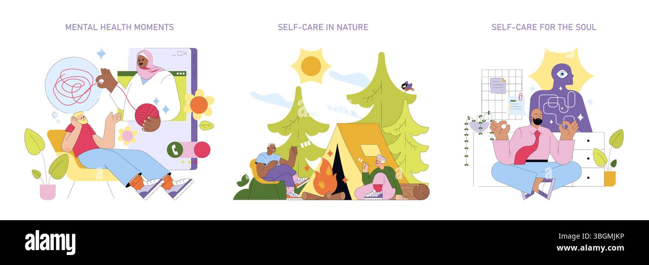Vector illustration depicting scenes of self-care: a virtual therapy ...