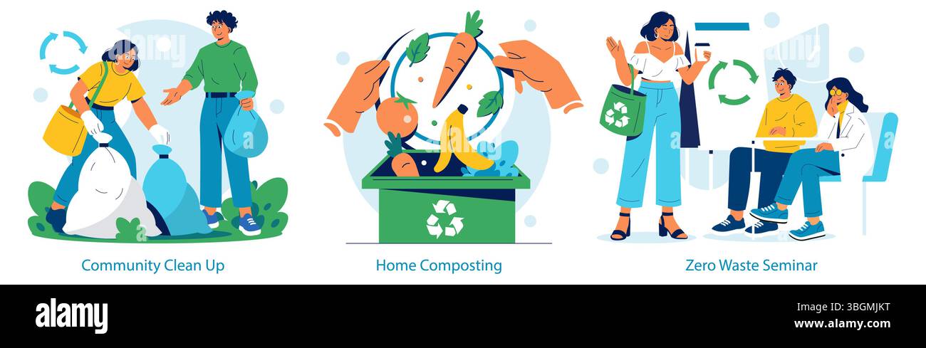 Vector illustration depicts environmental activities: community cleanup ...