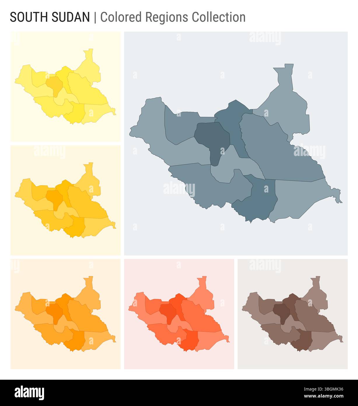 South Sudan map collection. Country shape with colored regions. Blue ...