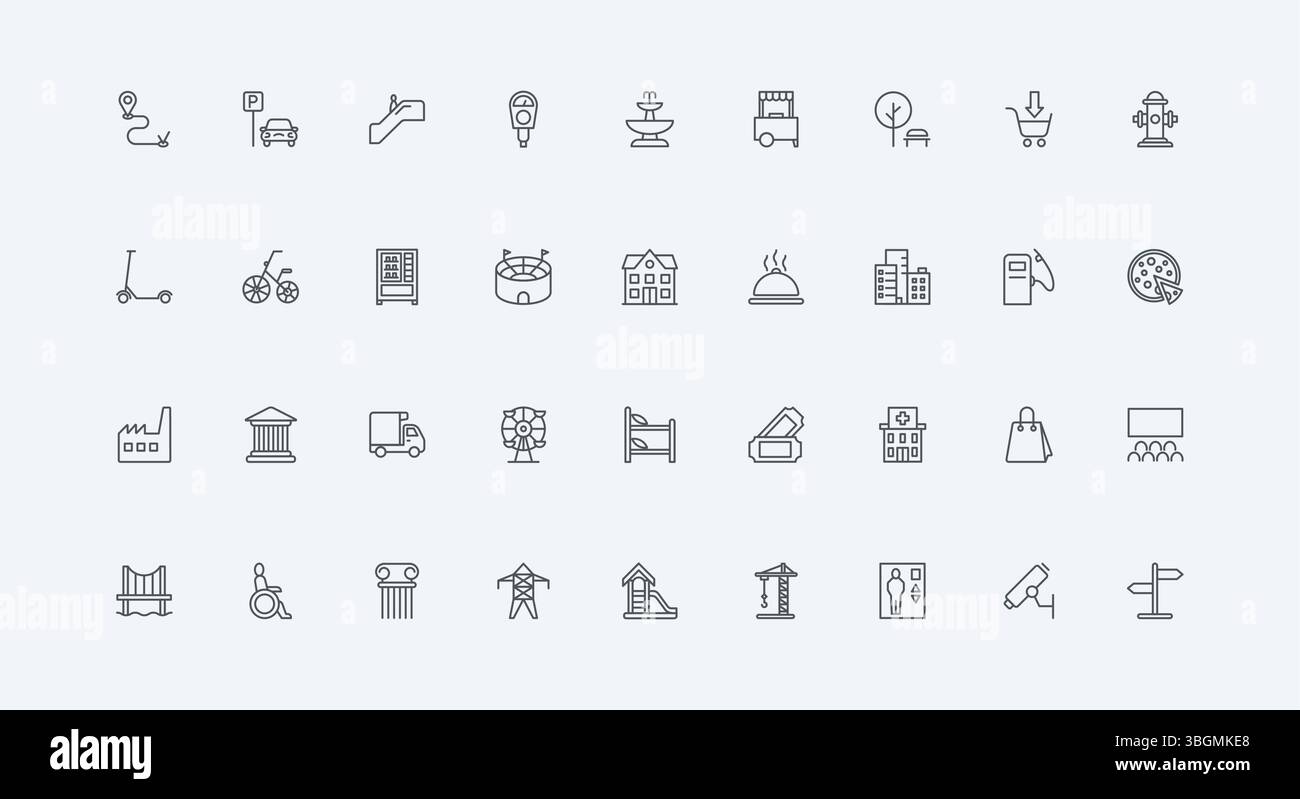 Public road and bridge, hospital and amusement park thin black outline ...