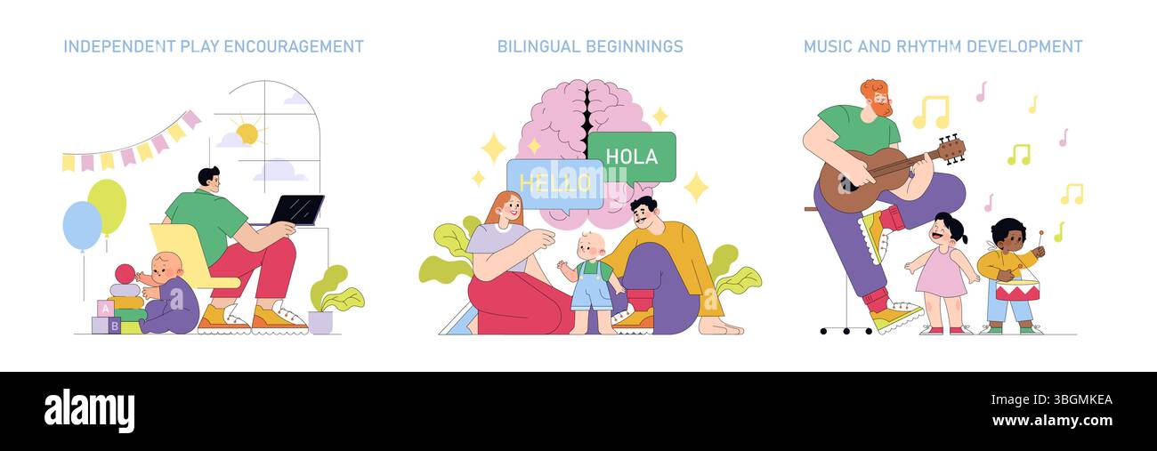 Vector illustration depicting three scenes: independent play with a ...