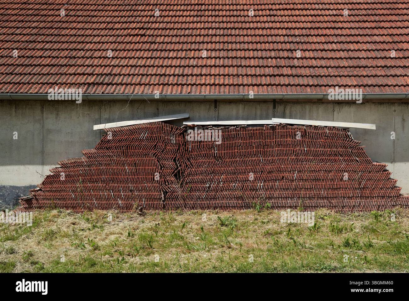 Red bricks are stacked next to a barn with a red tiled roof on a farm ...
