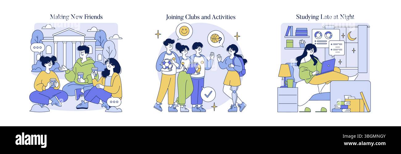 Vector illustration depicting college students making new friends ...