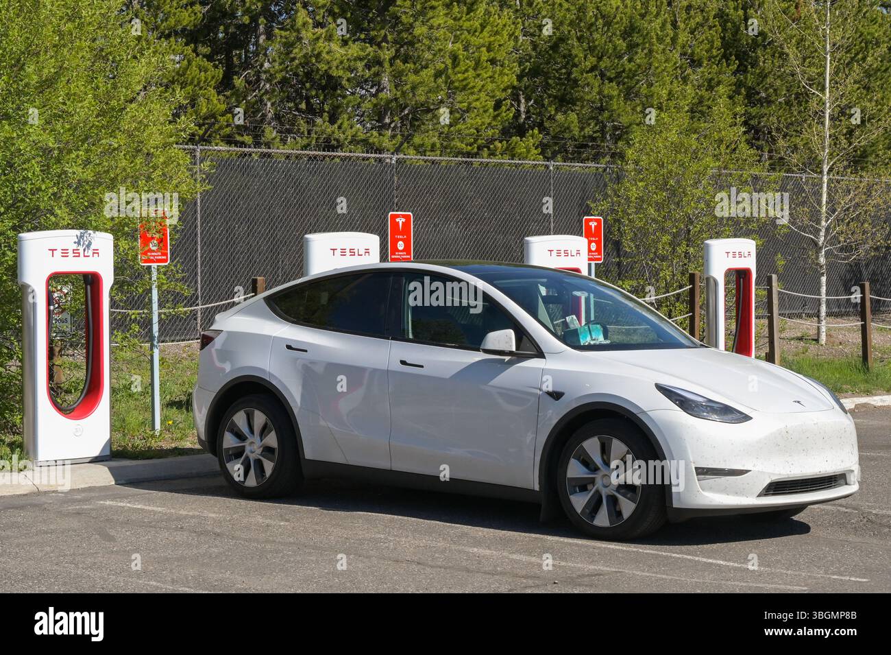 West Yellowstone, Montana, USA - 31 May 2025: Tesla electric car ...