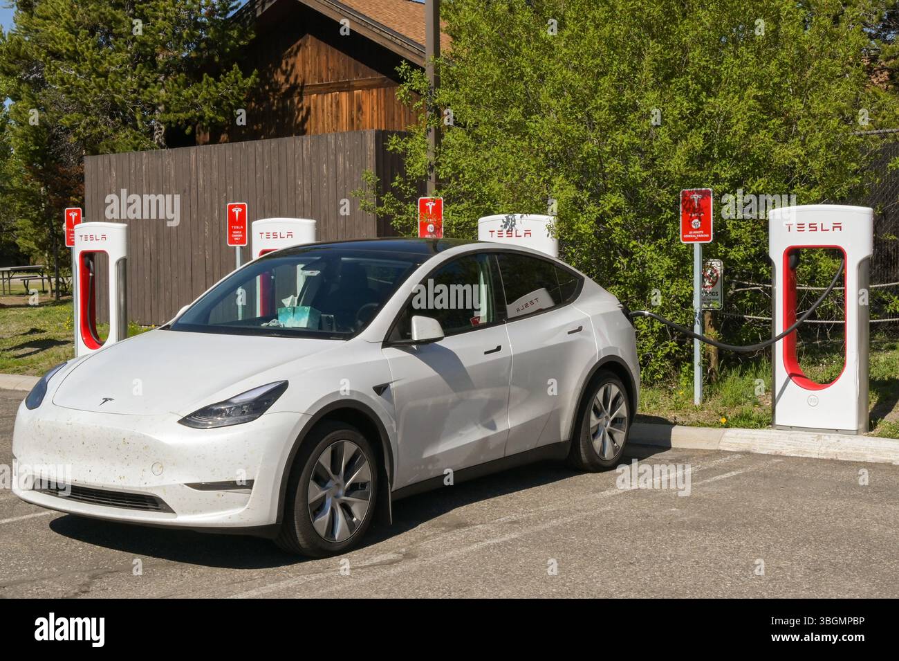 West Yellowstone, Montana, USA - 31 May 2025: Tesla electric car ...
