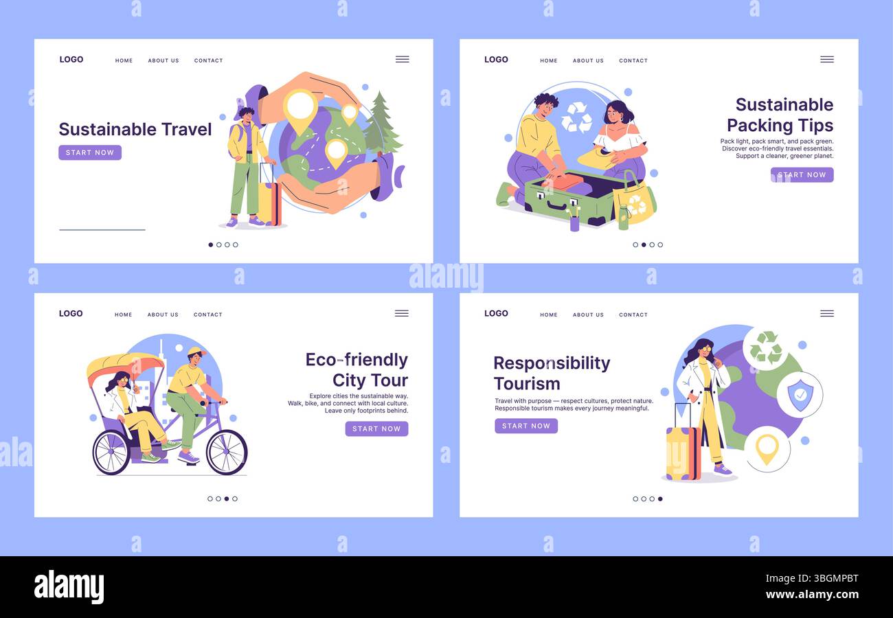 Vector illustration set depicting various eco-friendly travel concepts ...