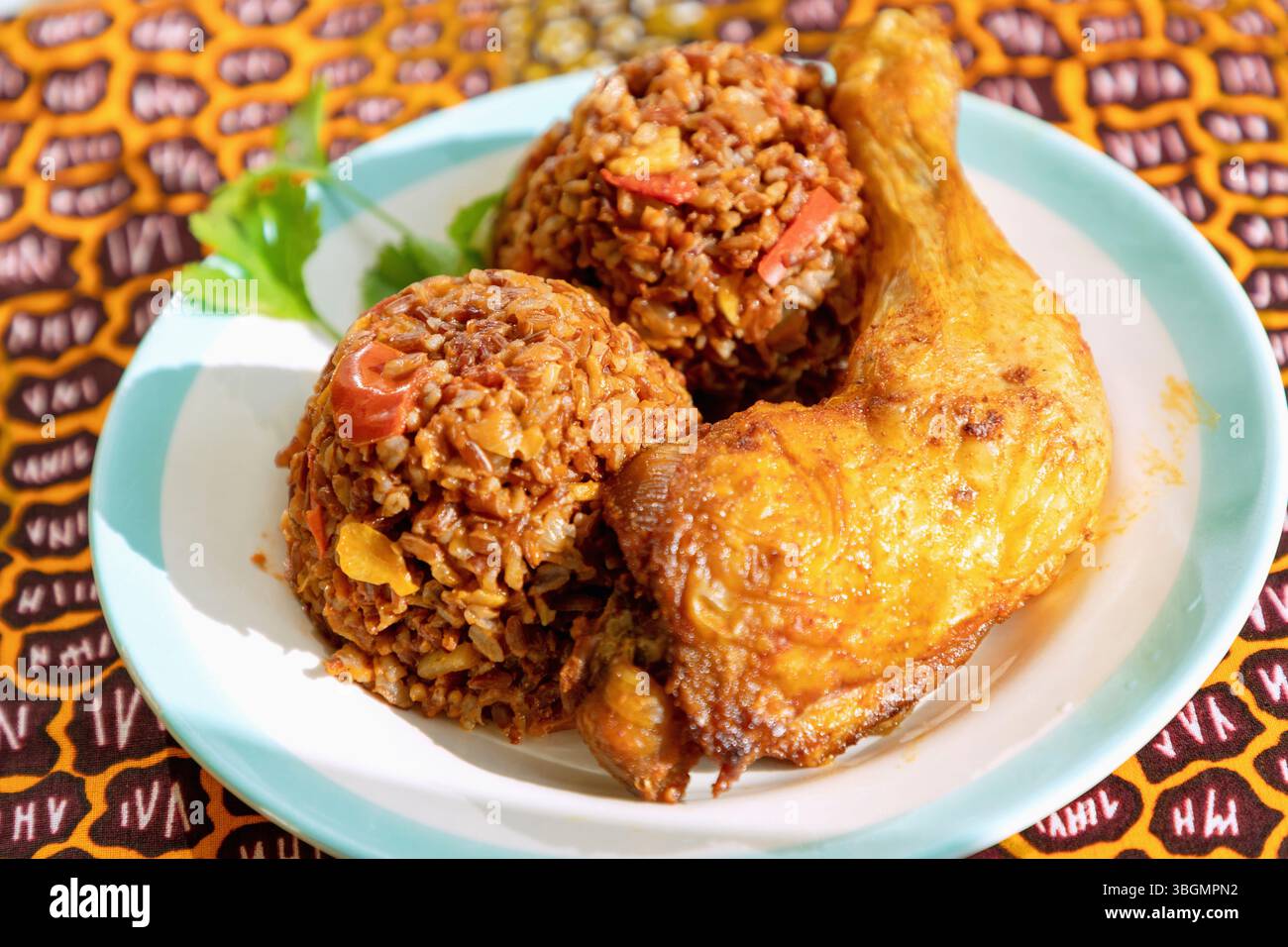 Jollof rice with chicken, West African rice dish, served in Ghana in ...