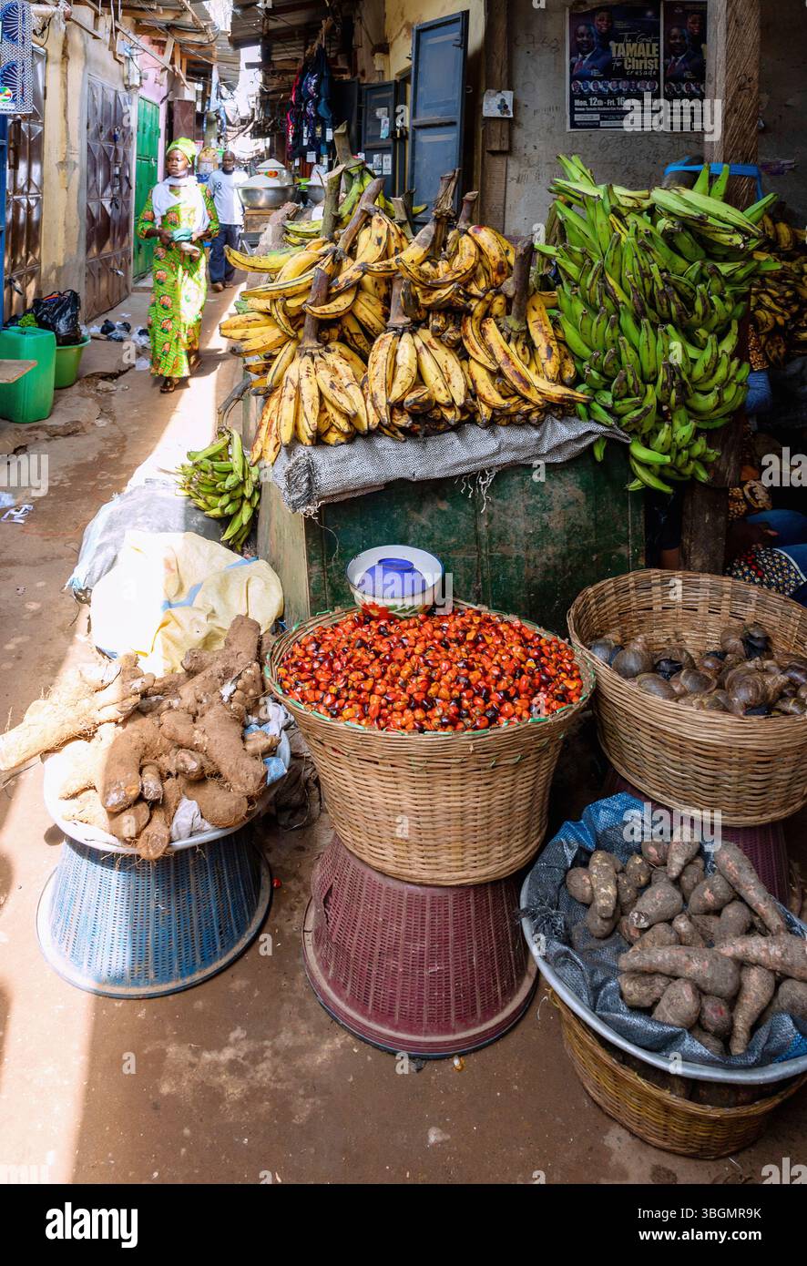Plantains, yams, snails and red palm fruits at the central market in ...