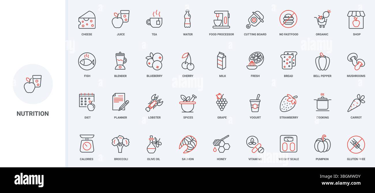 Nutrition, healthy food cooking, diet and calorie planner line icon set ...