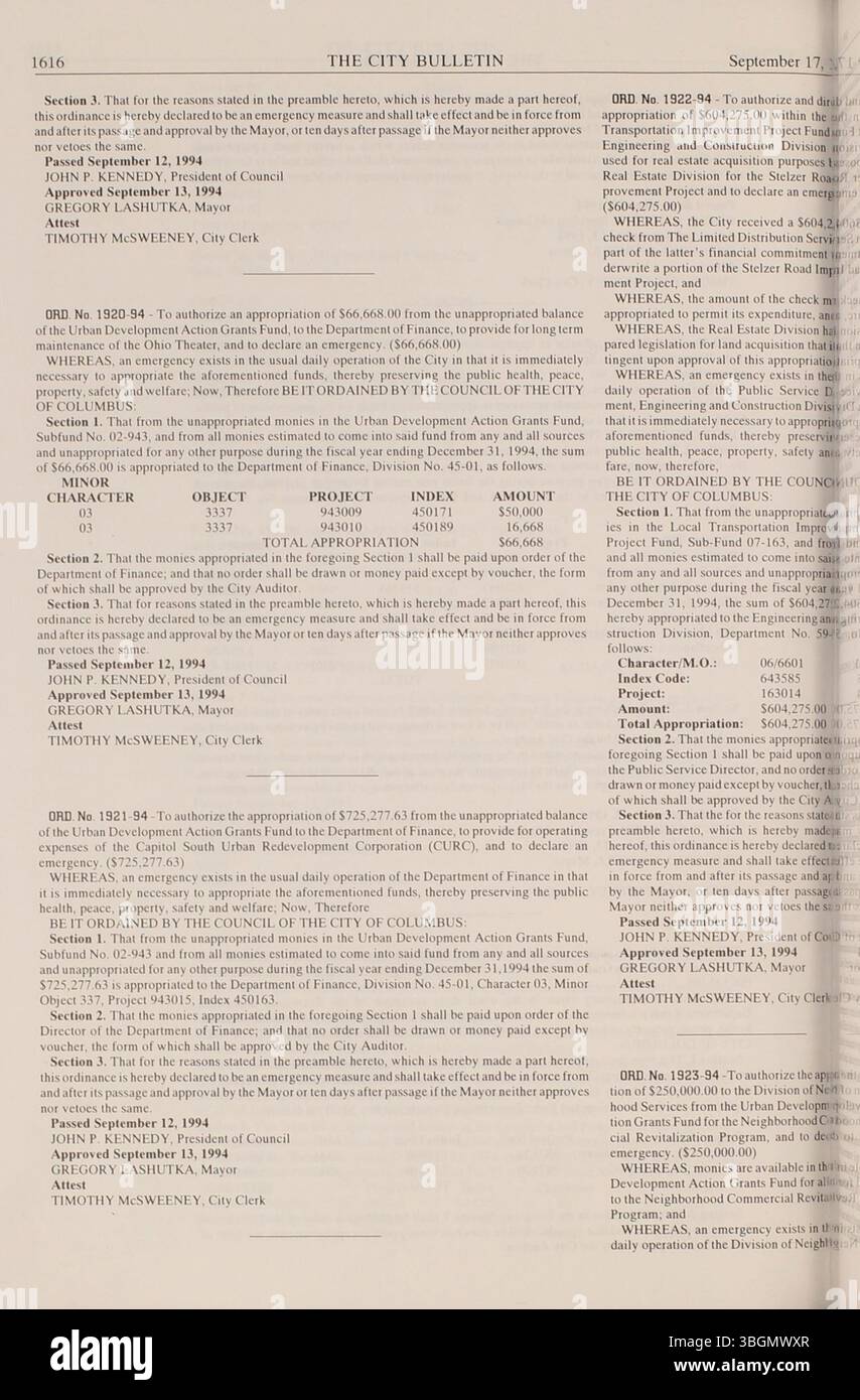 The 1994 Columbus City Bulletin Part 2 documents official municipal actions, including city ...