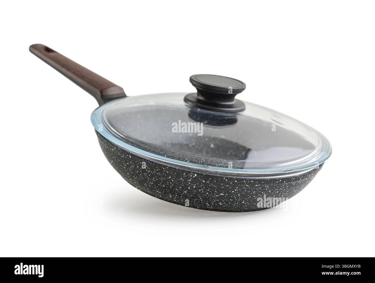 Non stick Granite frying pan with glass lid isolated on white ...