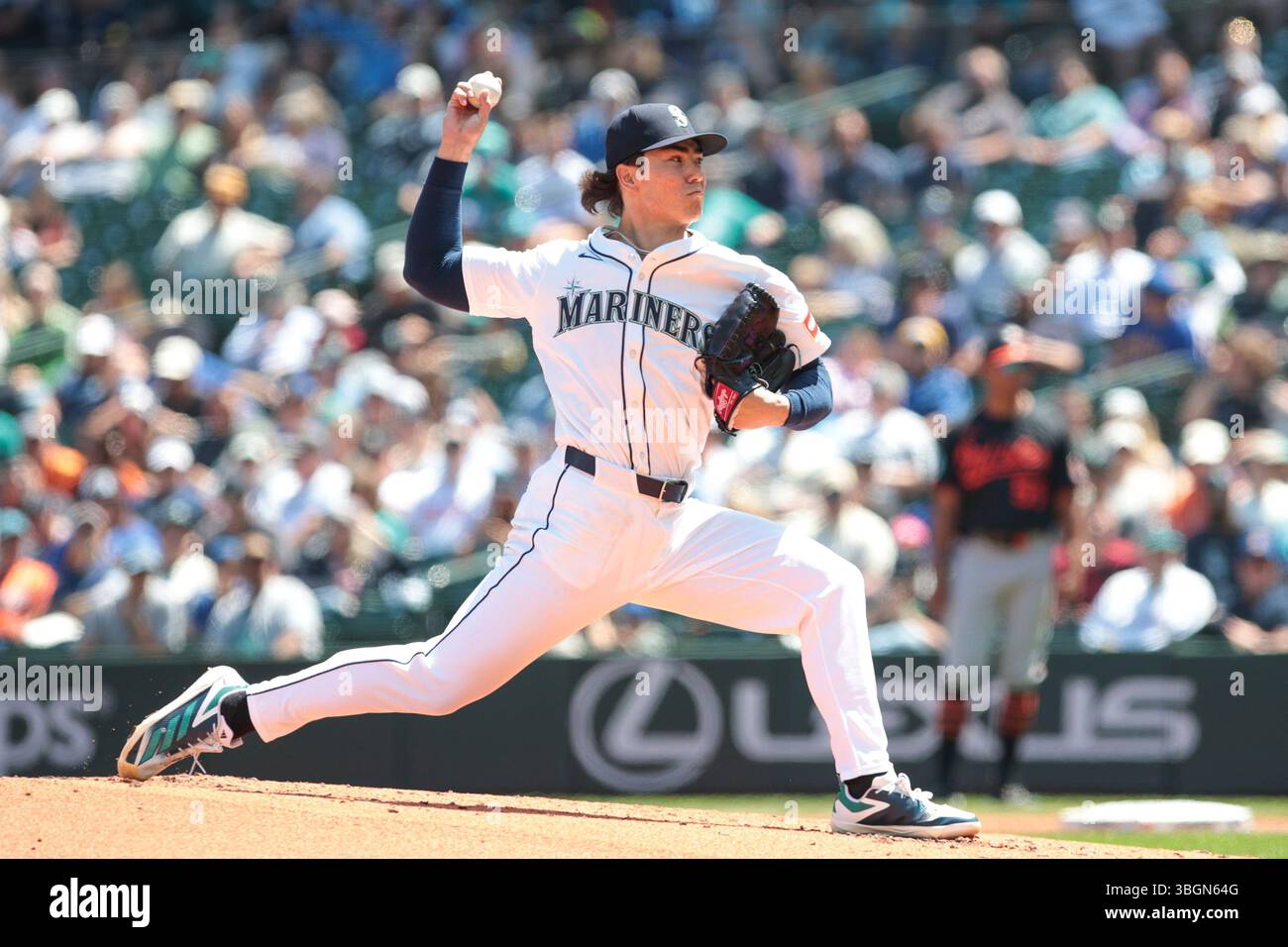 Seattle Mariners starting pitcher Bryan Woo throws during the second ...