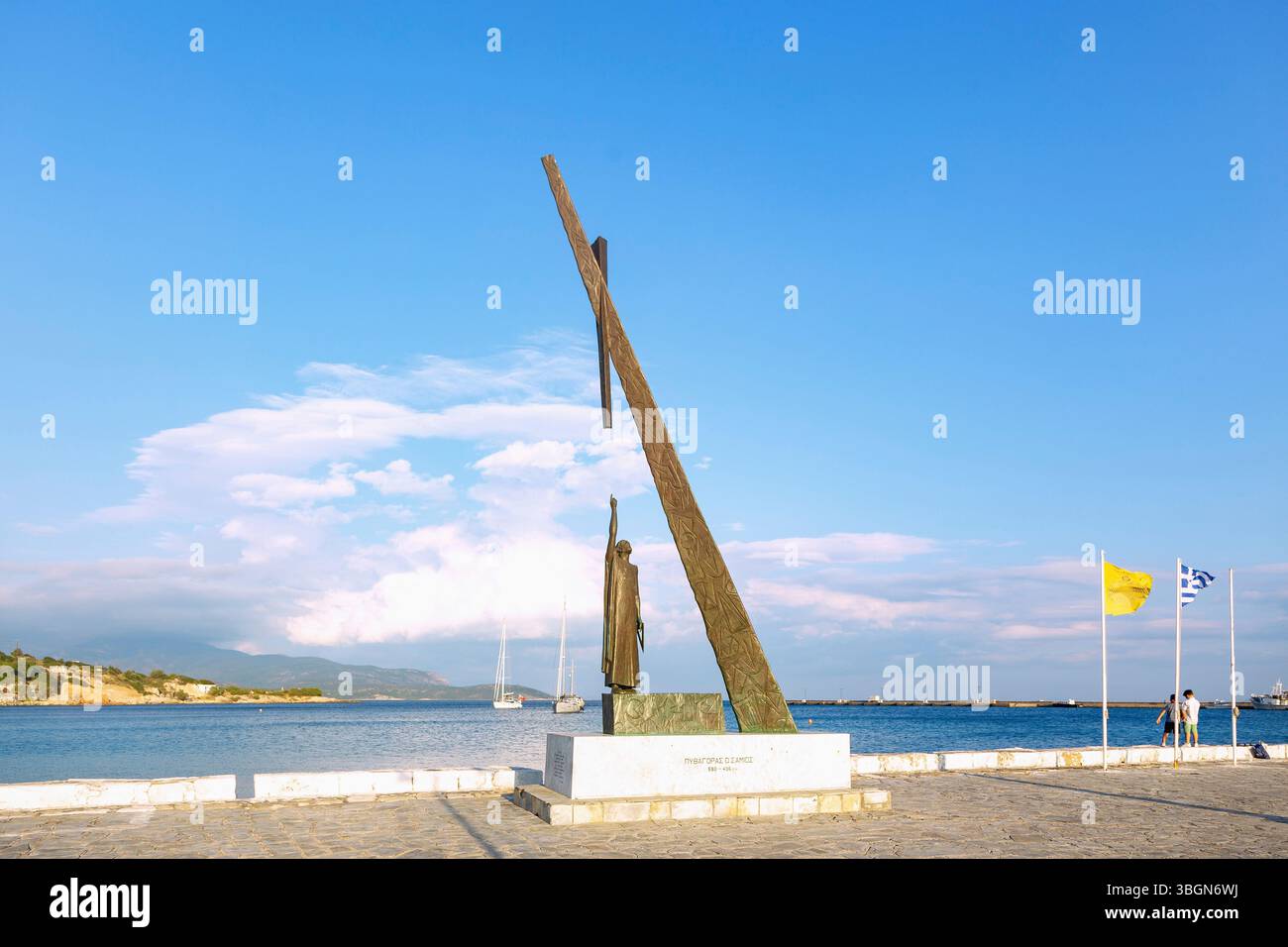 Pythagoras monument on the ancient pier of Pythagorion on the island of ...