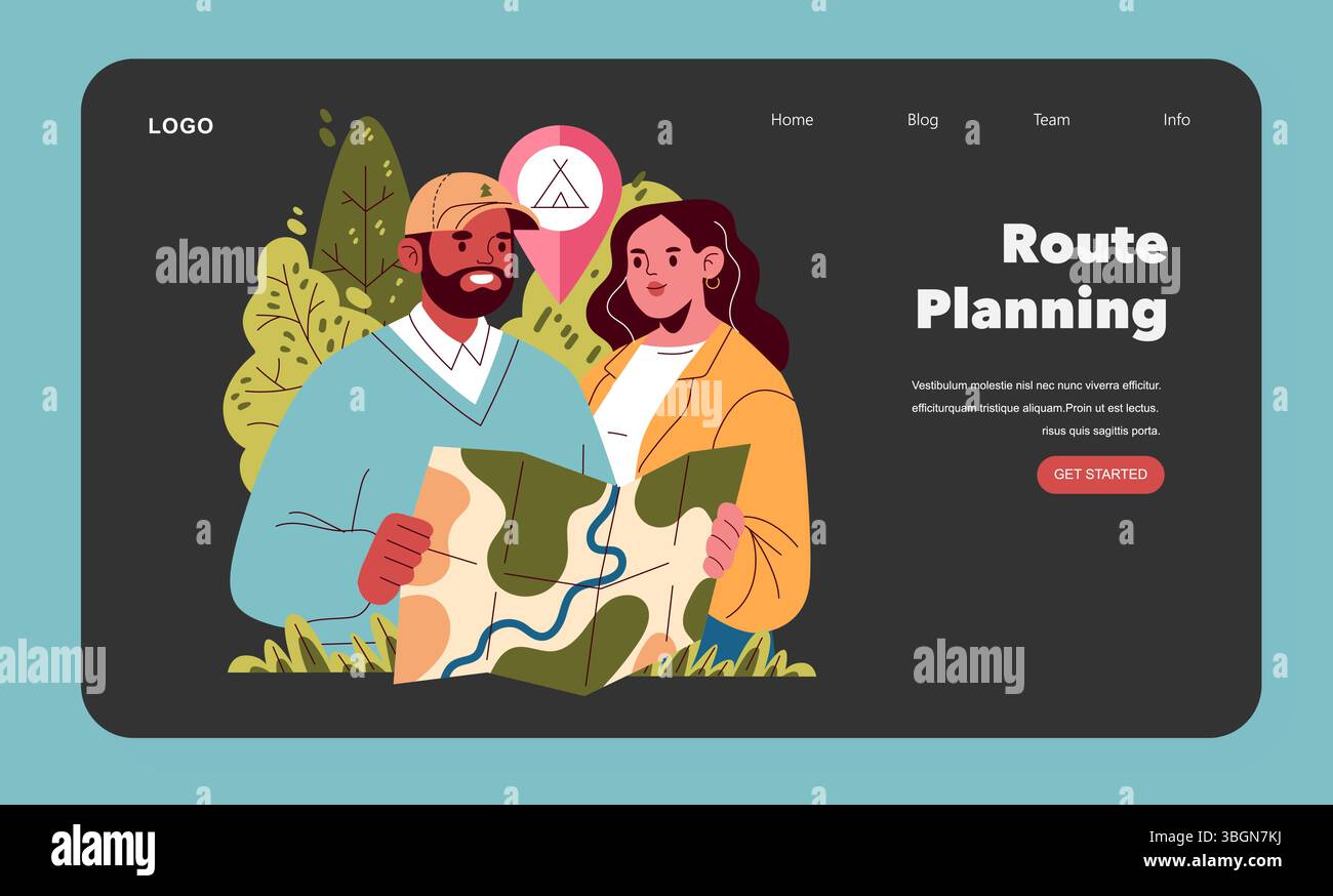 Family camping scene focuses on route planning. A couple studies a map ...