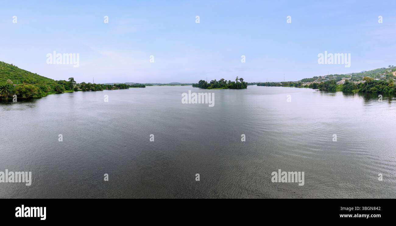 Volta River, view from the Volta Bridge at Adomi near the Akosombo Dam ...