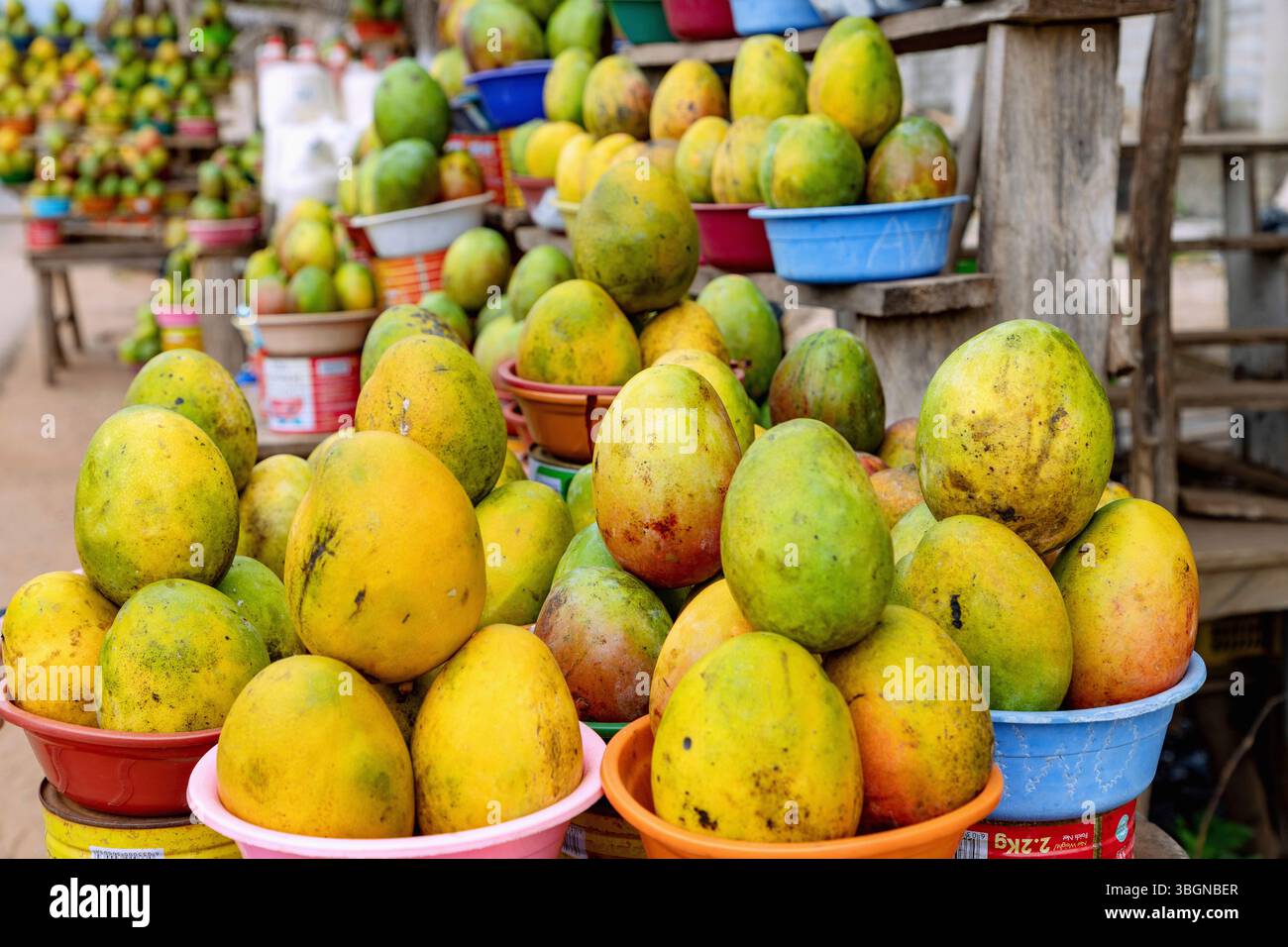 Stalls selling mango fruit in the mango region near Somanya in the ...