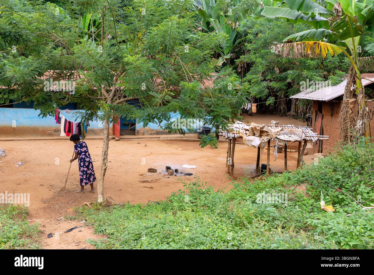 House and yard with sweeping woman, fireplaces, washing lines and ...