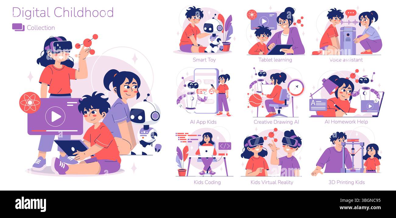 Vector illustration featuring children engaged with digital technology ...