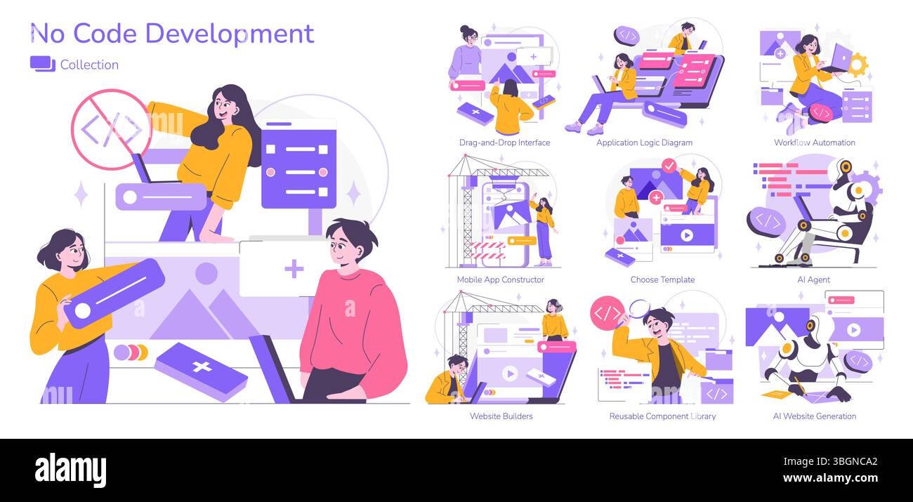 Vector illustration displaying no code development concepts with people interacting with digital ...