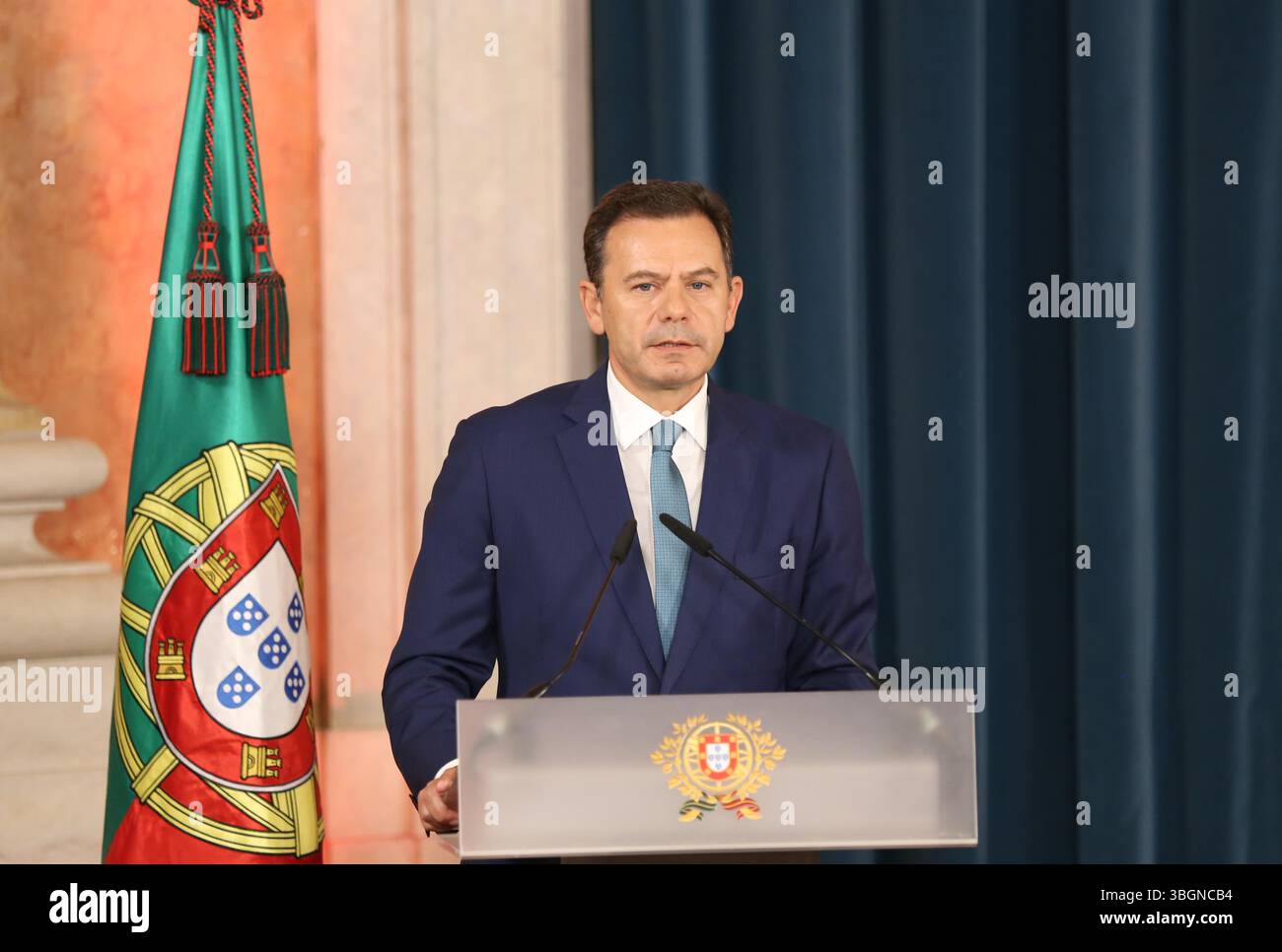 Lisbon, Portugal. 5th June, 2025. Luis Montenegro addresses an ...