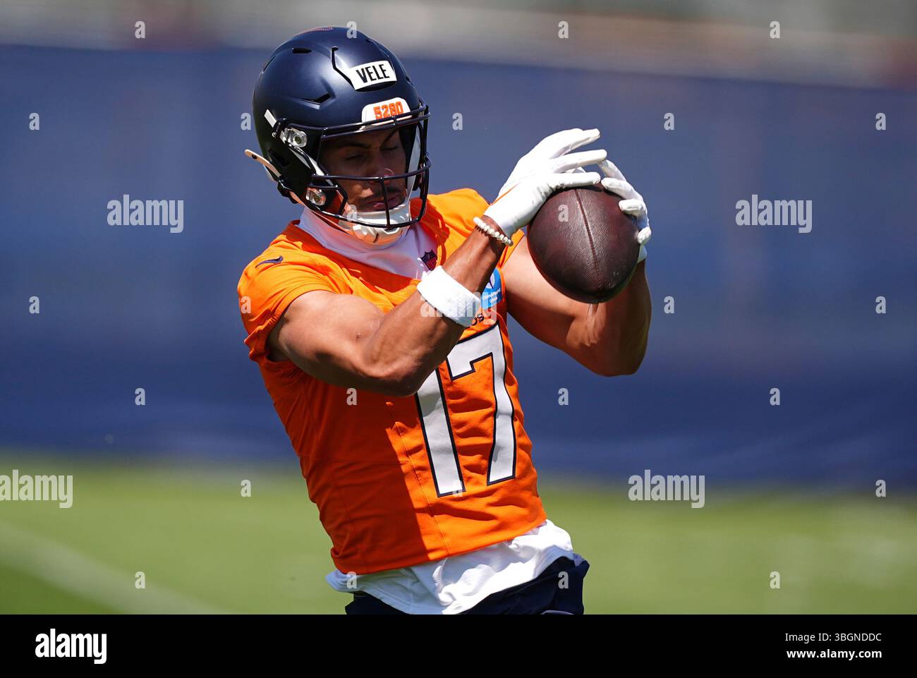 Denver Broncos wide receiver Devaughn Vele takes part in drills during an NFL football team ...