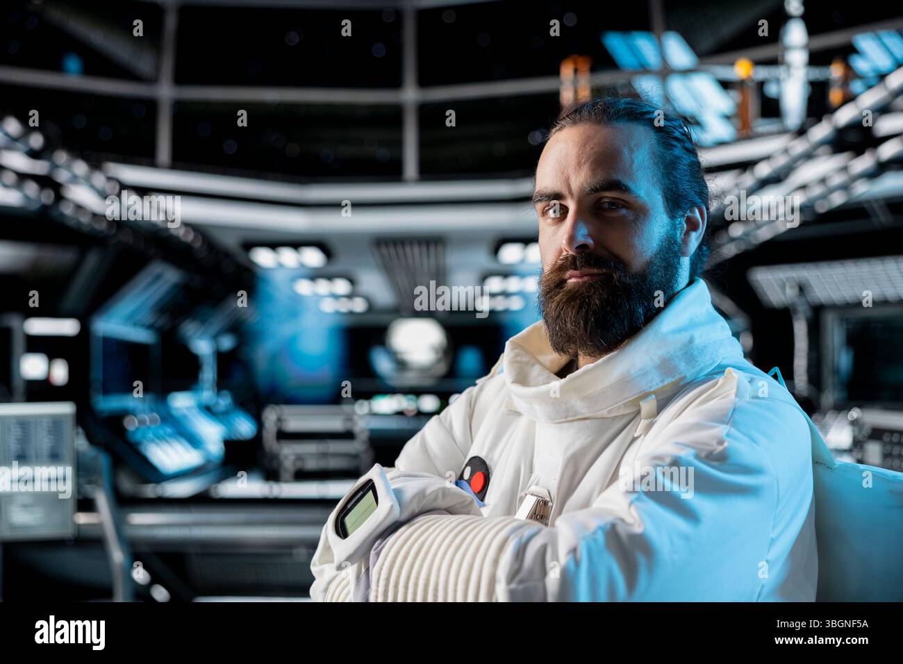 Portrait of cosmonaut testing gear during routine equipment check ...