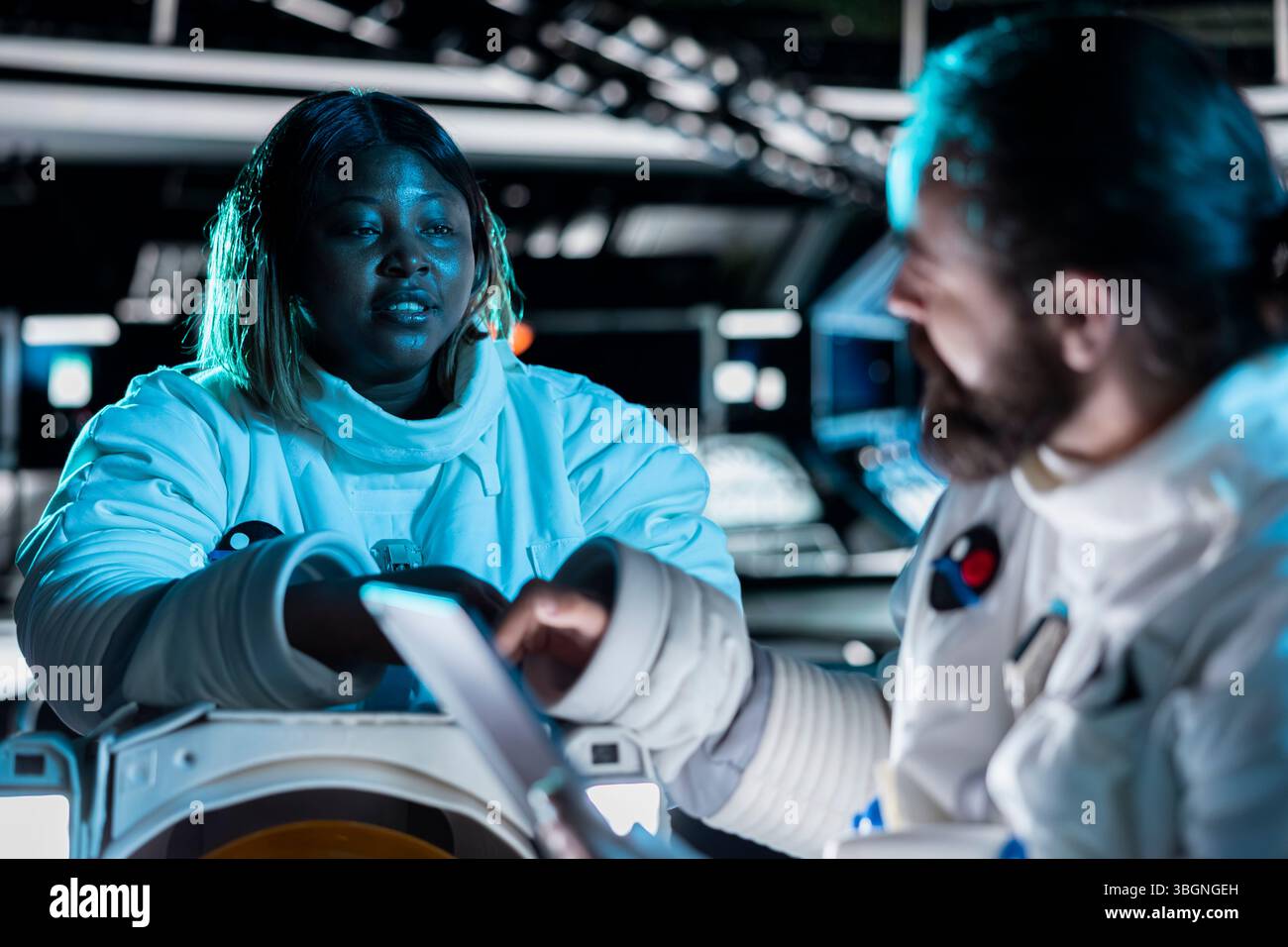 Cosmonauts preparing for planetary mission outside, gathering samples ...