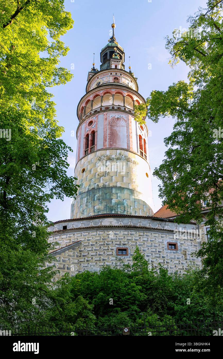Castle tower in Cesky Krumlov (Krumlov) in South Bohemia in the Czech ...