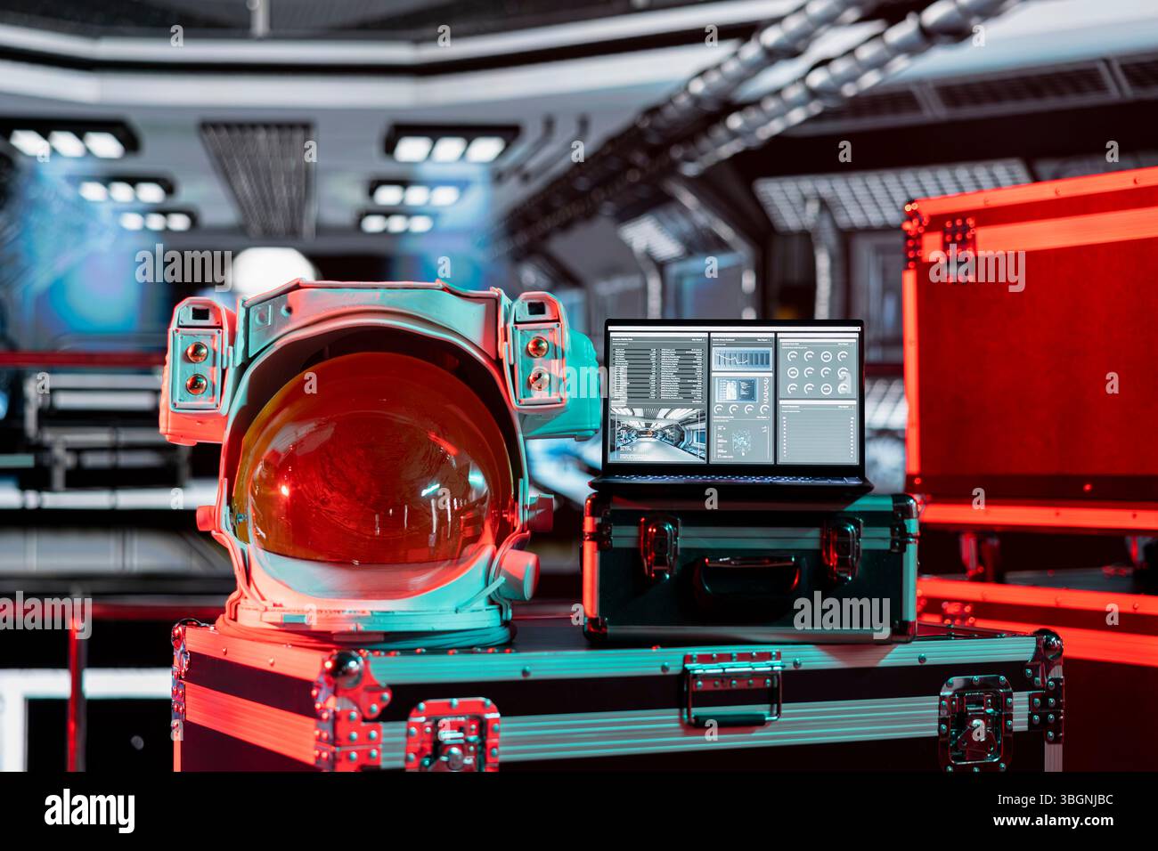 Red light in spacecraft over space helmet and laptop showing errors ...
