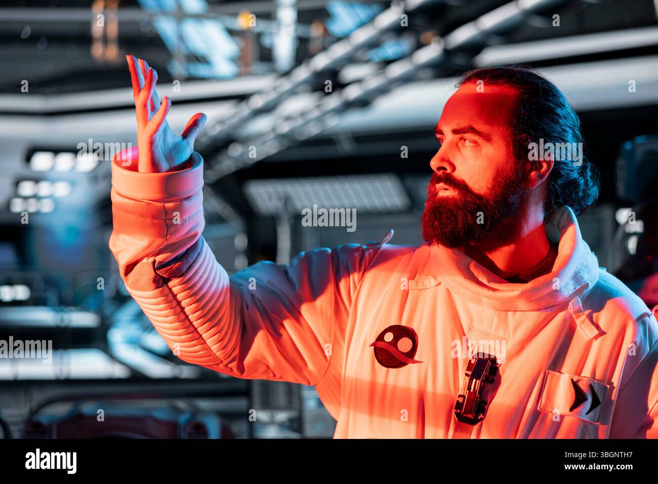 Astronaut reacting to red light alert signals during security breach ...