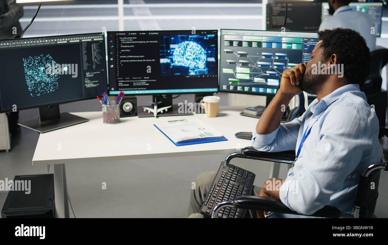 Impatient engineer with paraplegia in data center annoyed by slow AI node tree software. Upset ...