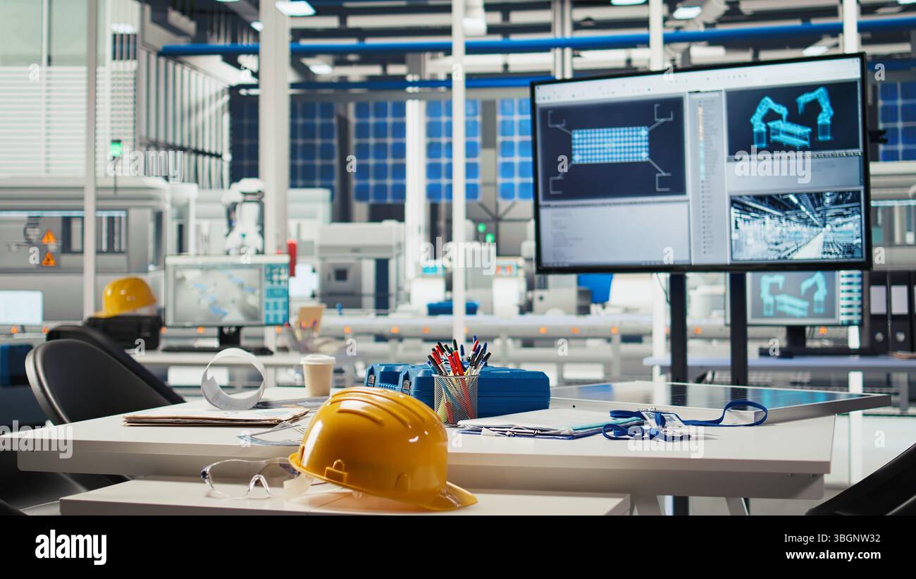 Display in empty photovoltaics factory monitoring system performance. Monitor in sustainable ...