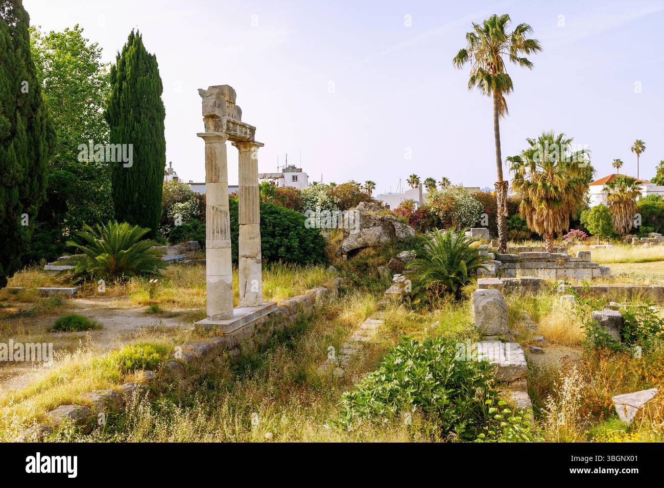 Ancient columns and building remains on the ruins of the ancient Agora ...