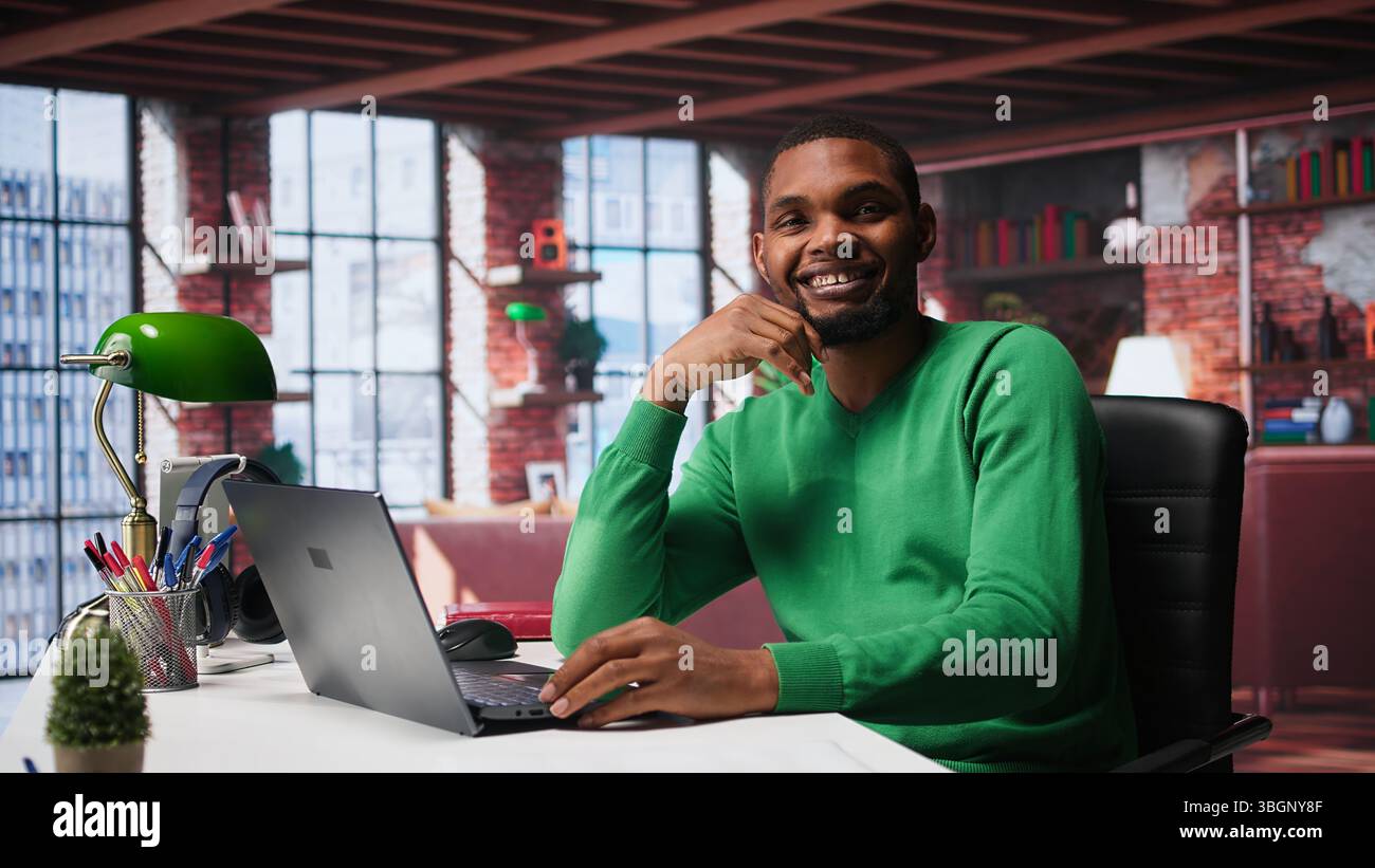 African american remote worker solving his daily freelancing tasks on ...