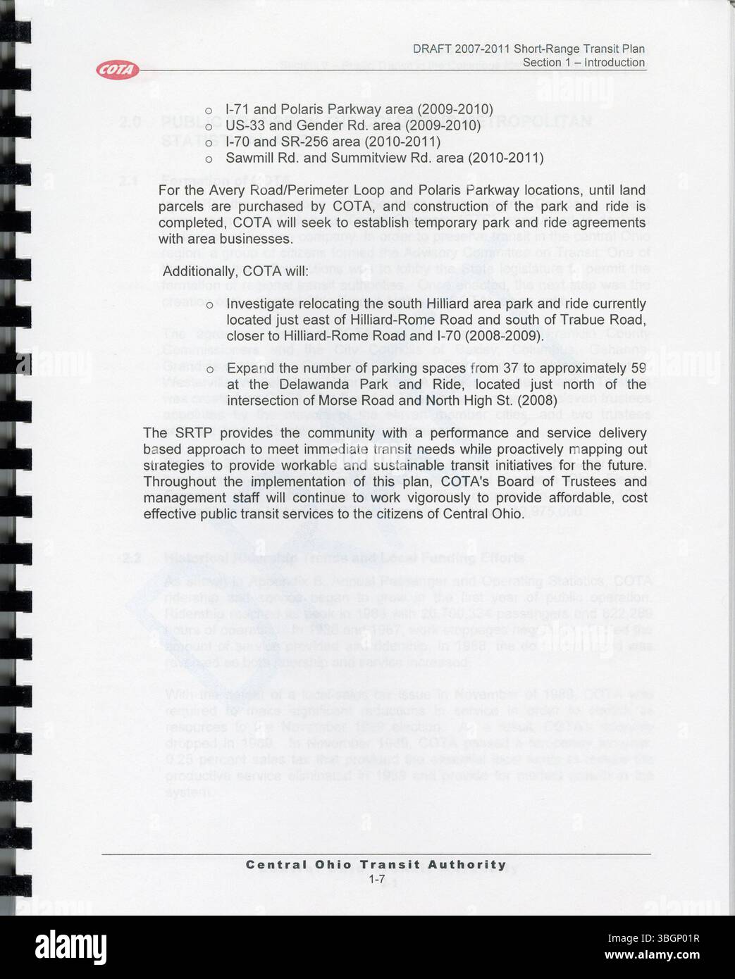 The COTA Short Range Transit Plan for 2007-2011 establishes strategic ...