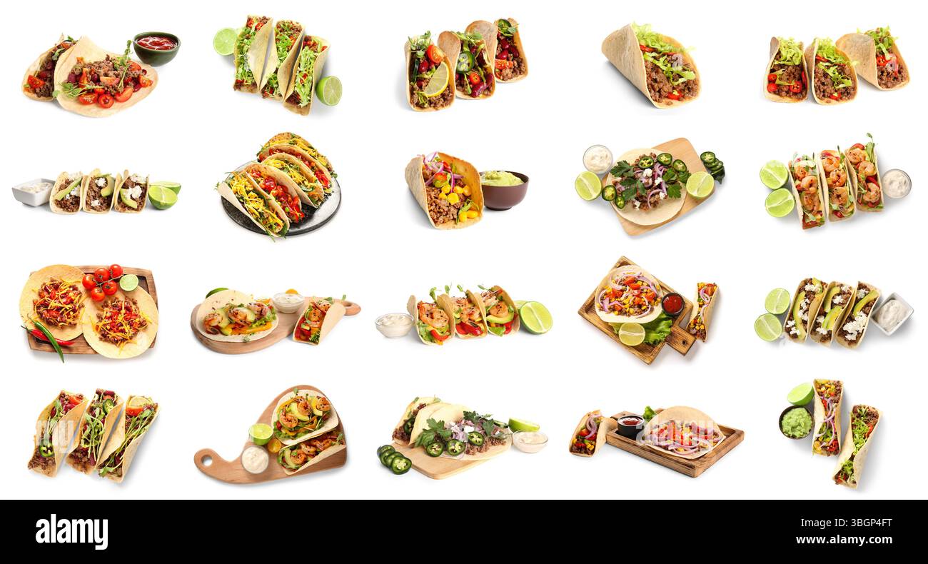Set of many tacos on white background Stock Photo - Alamy