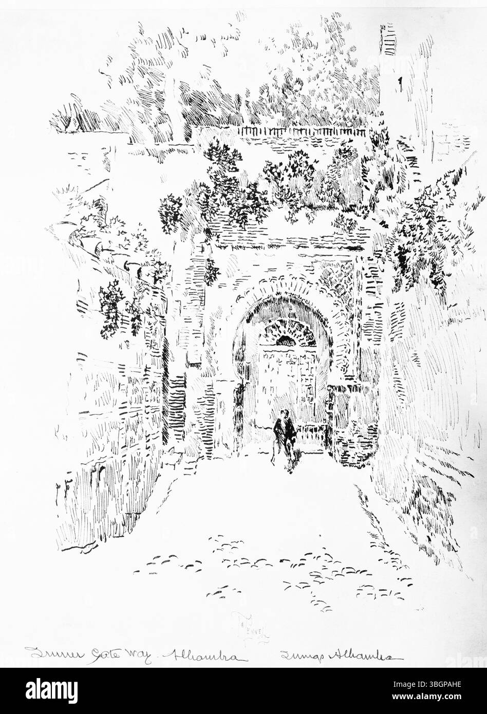 Inner Gateway, Alhambra Spain, Granada. View down walled, cobblestone ...