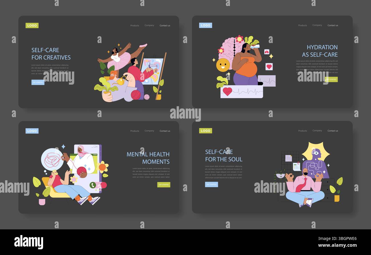 Set of vector illustrations depicting self-care and mental wellness ...