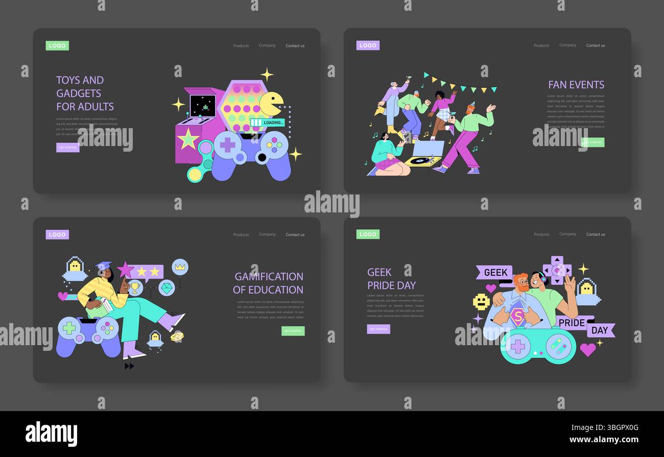 Vector illustration depicting geek culture scenes, including gaming gadgets, fan events with ...