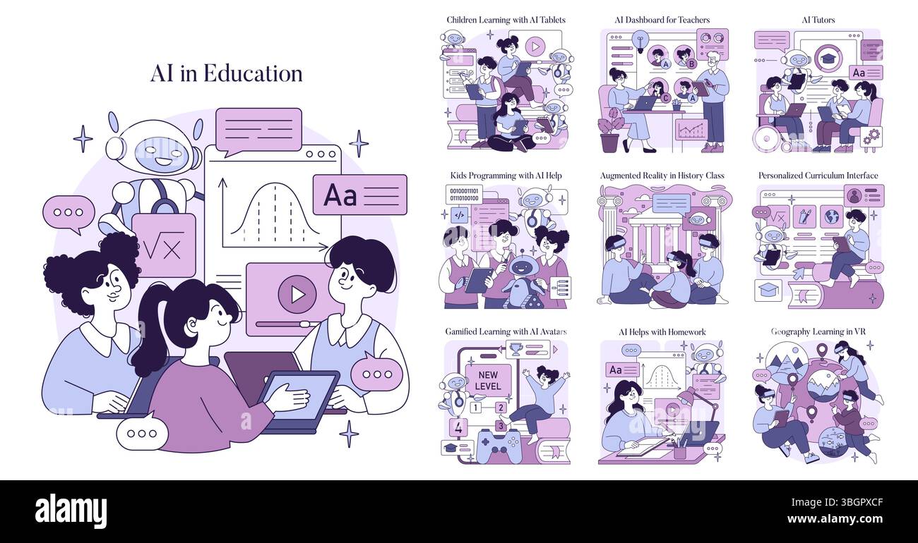 Vector illustration showcasing AI integration in education with diverse learning environments ...