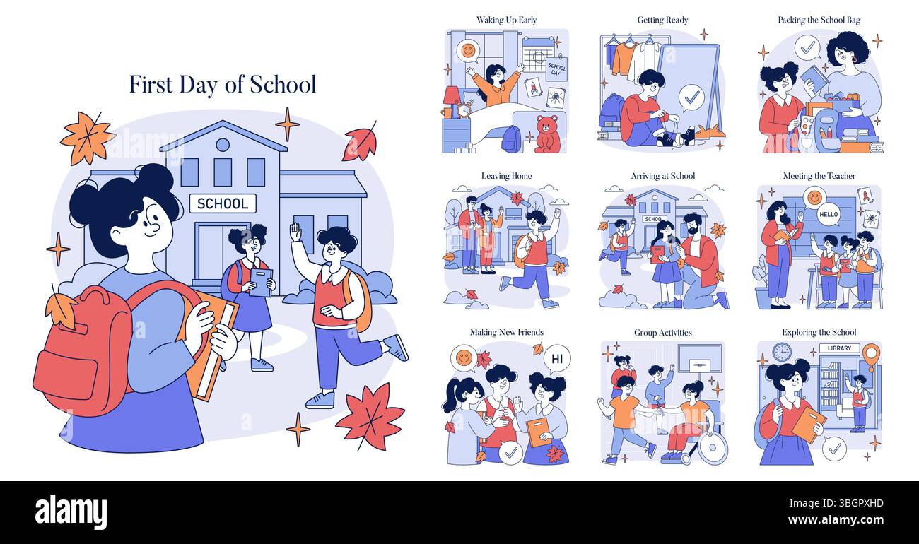 Vector illustration showing students on their first day of school ...