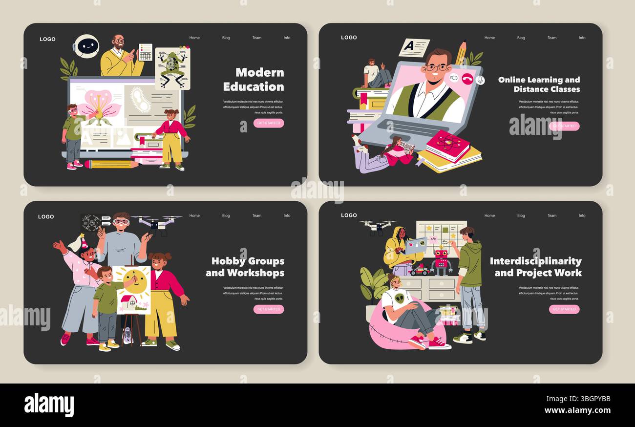 Vector illustrations of educational themes, highlighting online ...