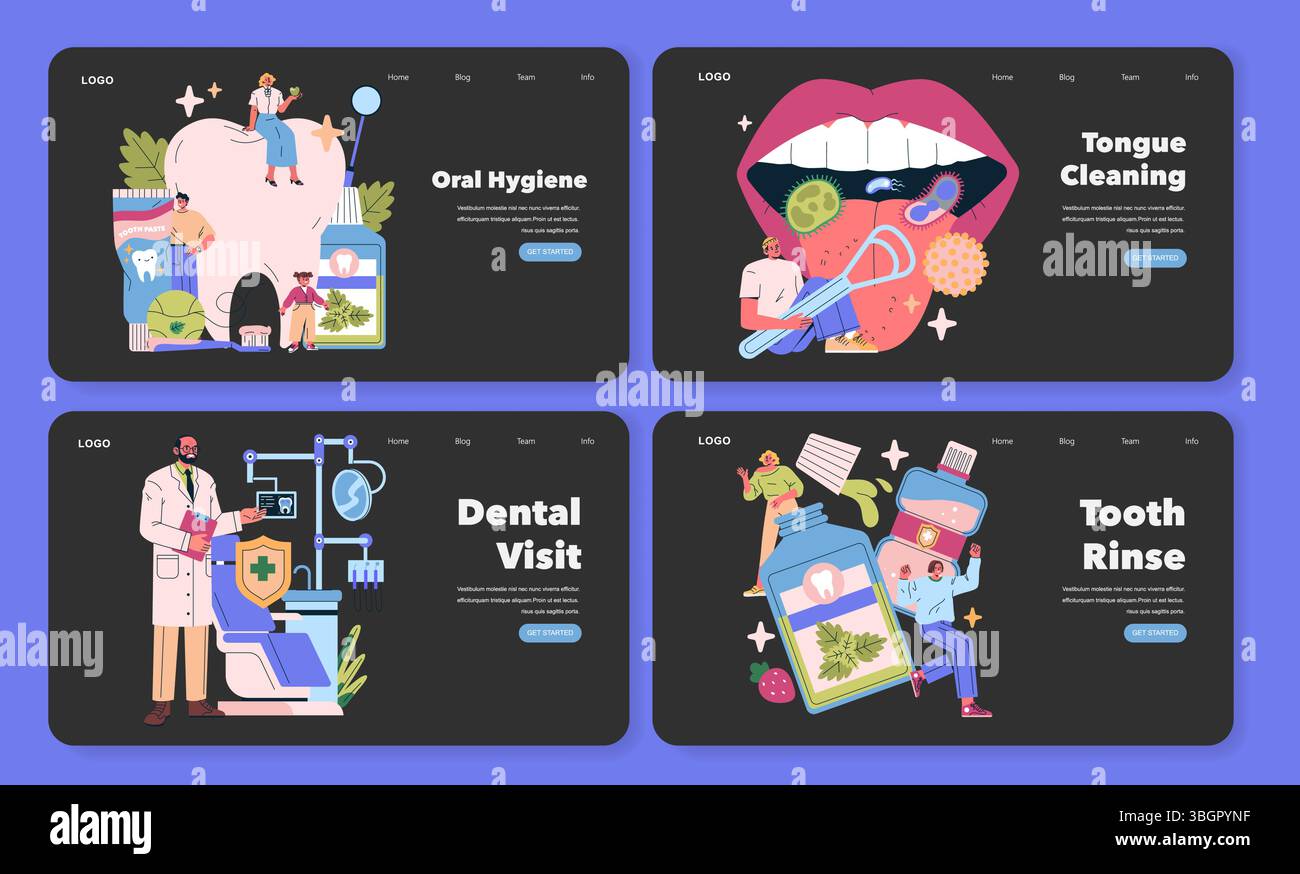 Vector illustration set depicting dental hygiene practices including ...