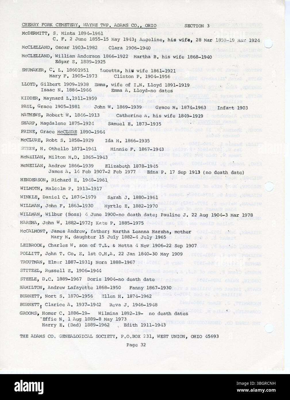 This entry provides cemetery data from Wayne Township in Adams County ...