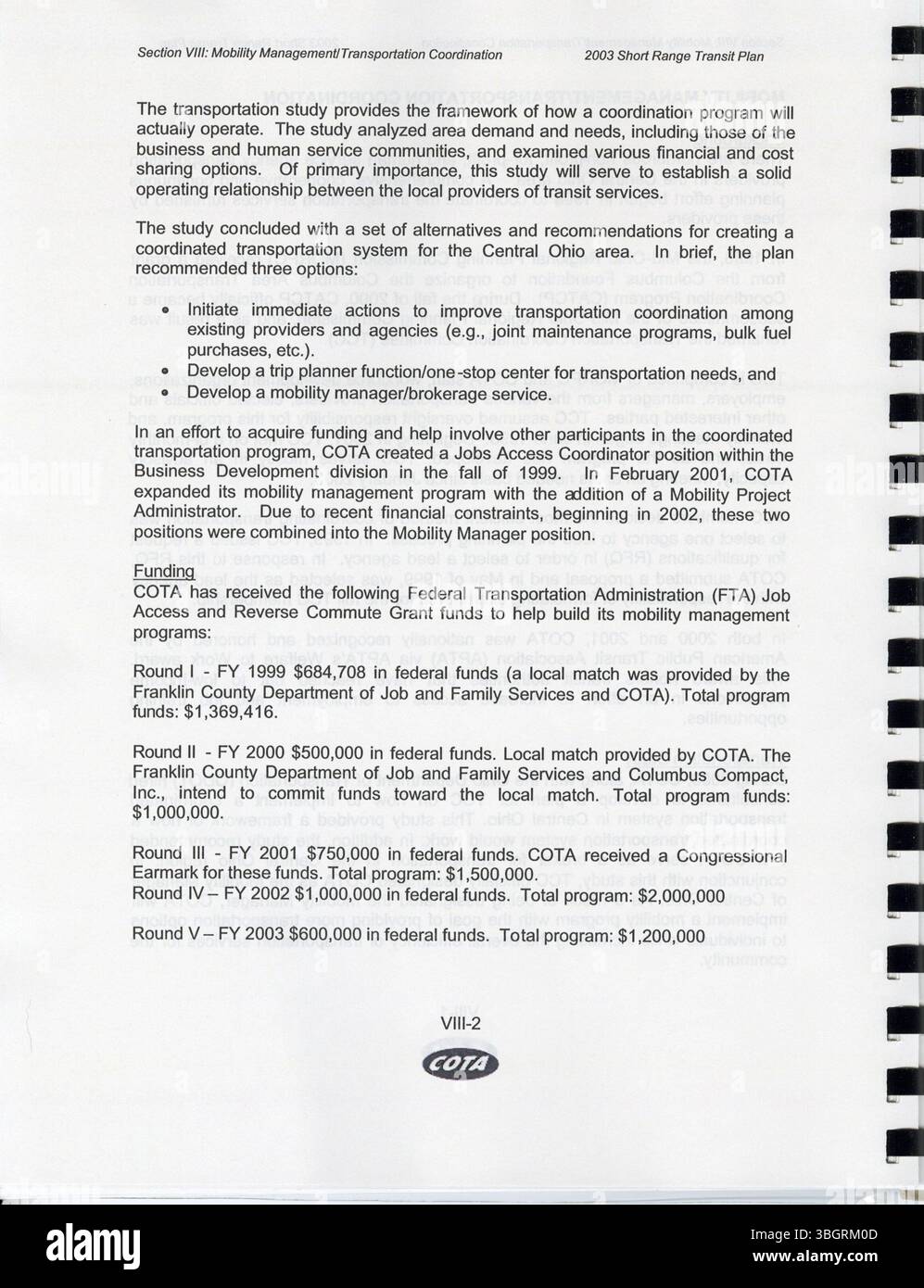 The 2003-2007 COTA Short-Range Transit Plan (SRTP) outlines ...