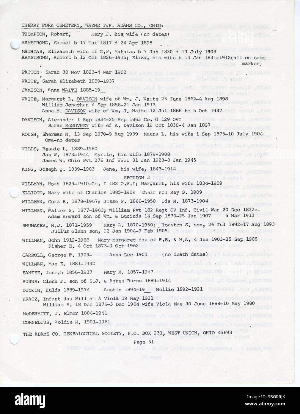 This volume contains cemetery information from Wayne Township in Adams ...