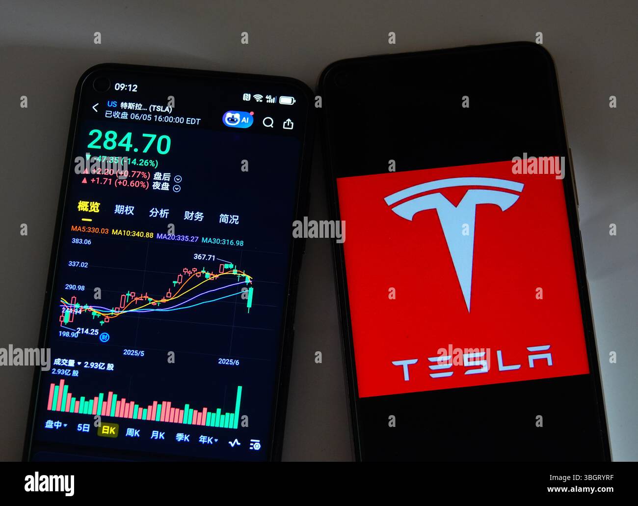 The Tesla LOGO and Tesla's stock price plummeted displayed on mobile ...