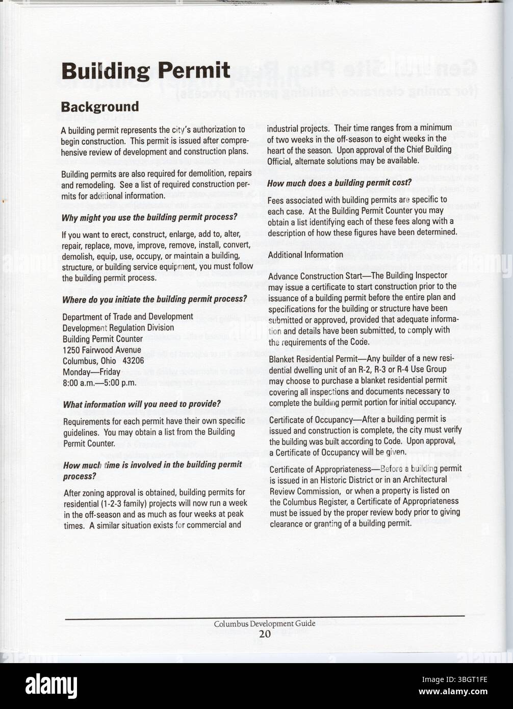This section of the 1997 Columbus Development Guide outlines the procedure for securing a ...